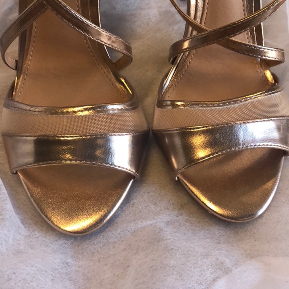 Head Over Heels | Shoes | Rose Gold Metallic Mesh Insert Sandal Heels ...